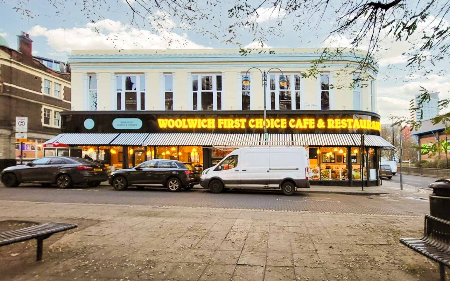 45 metres of Bespoke Panel Canopies for First Choice Café in Woolwich